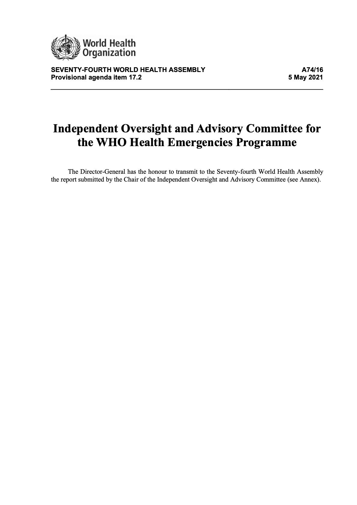 Report of the Independent Oversight and Advisory Committee for the who ...